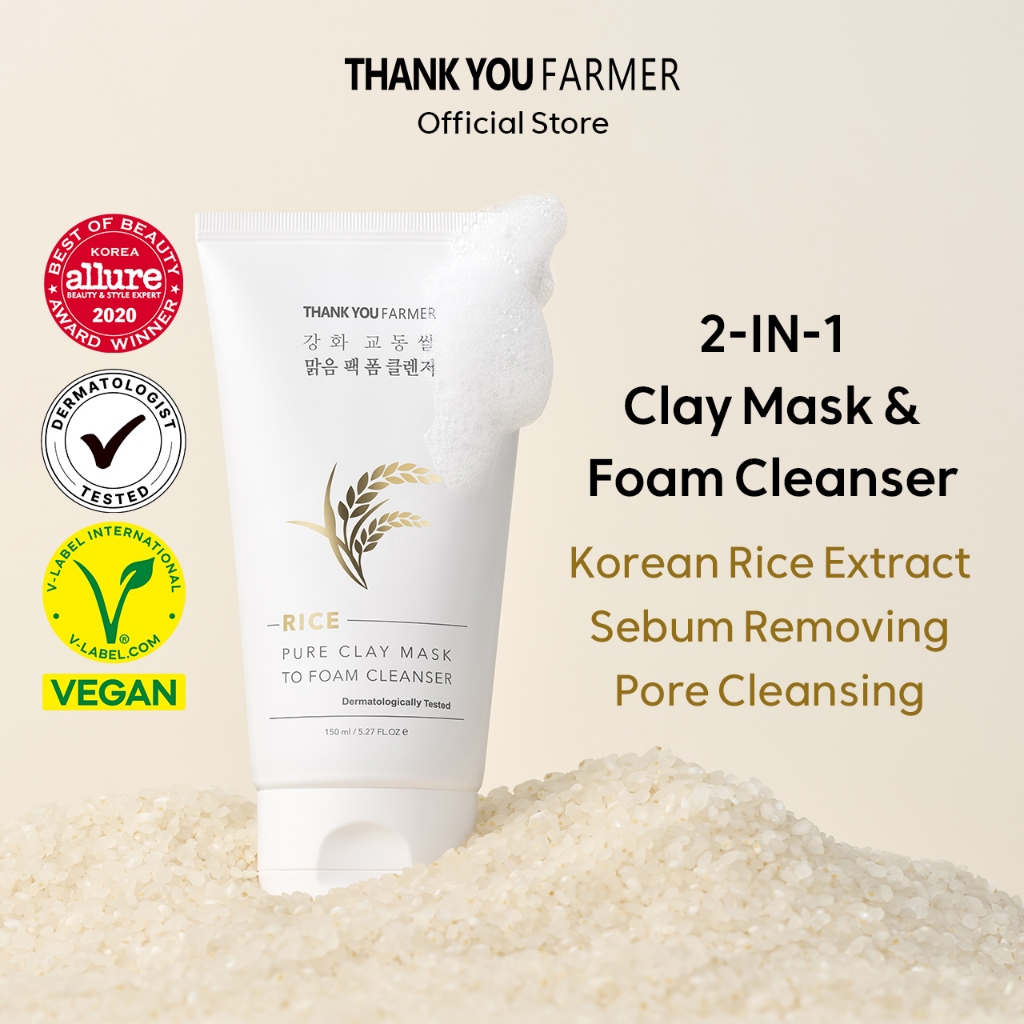 THANK YOU FARMER Rice Pure Clay Mask To Foam Cleanser 150ml, Sebum ...