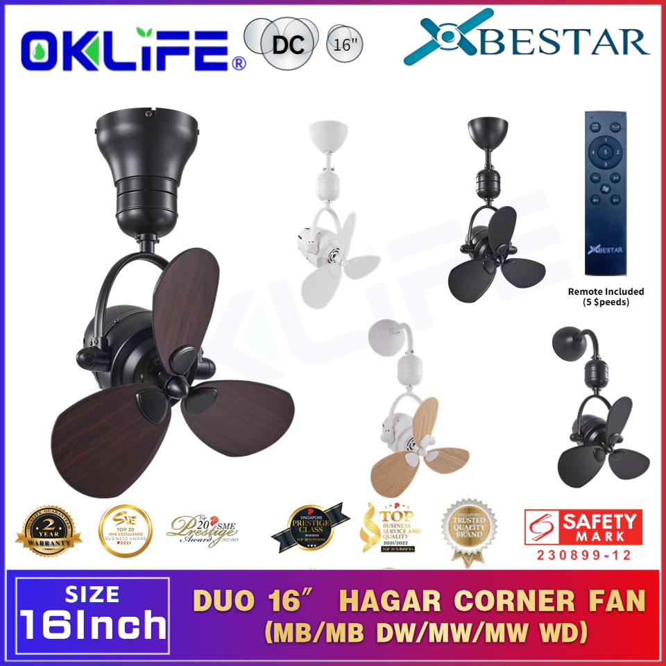 Bestar[Duo / Hagar 16"] Ceiling Mount with Remote Corner Fan with Wall ...