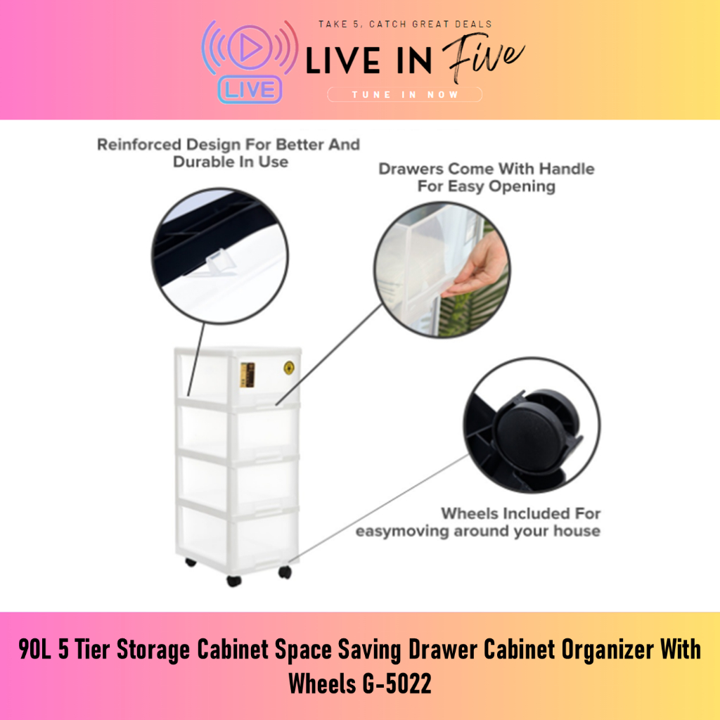 90L 5 Tier Storage Cabinet Space Saving Drawer Cabinet Organizer With Wheels G-5022 | Shopee ...