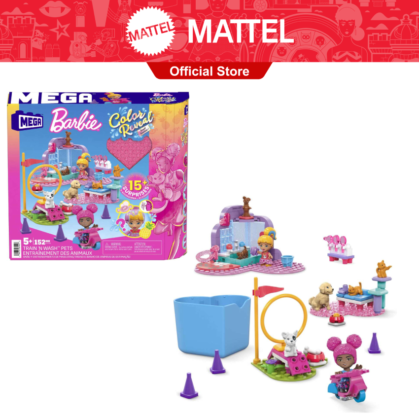 MEGA Barbie Color Reveal Building Toy Playset, Train & Wash Pets with ...