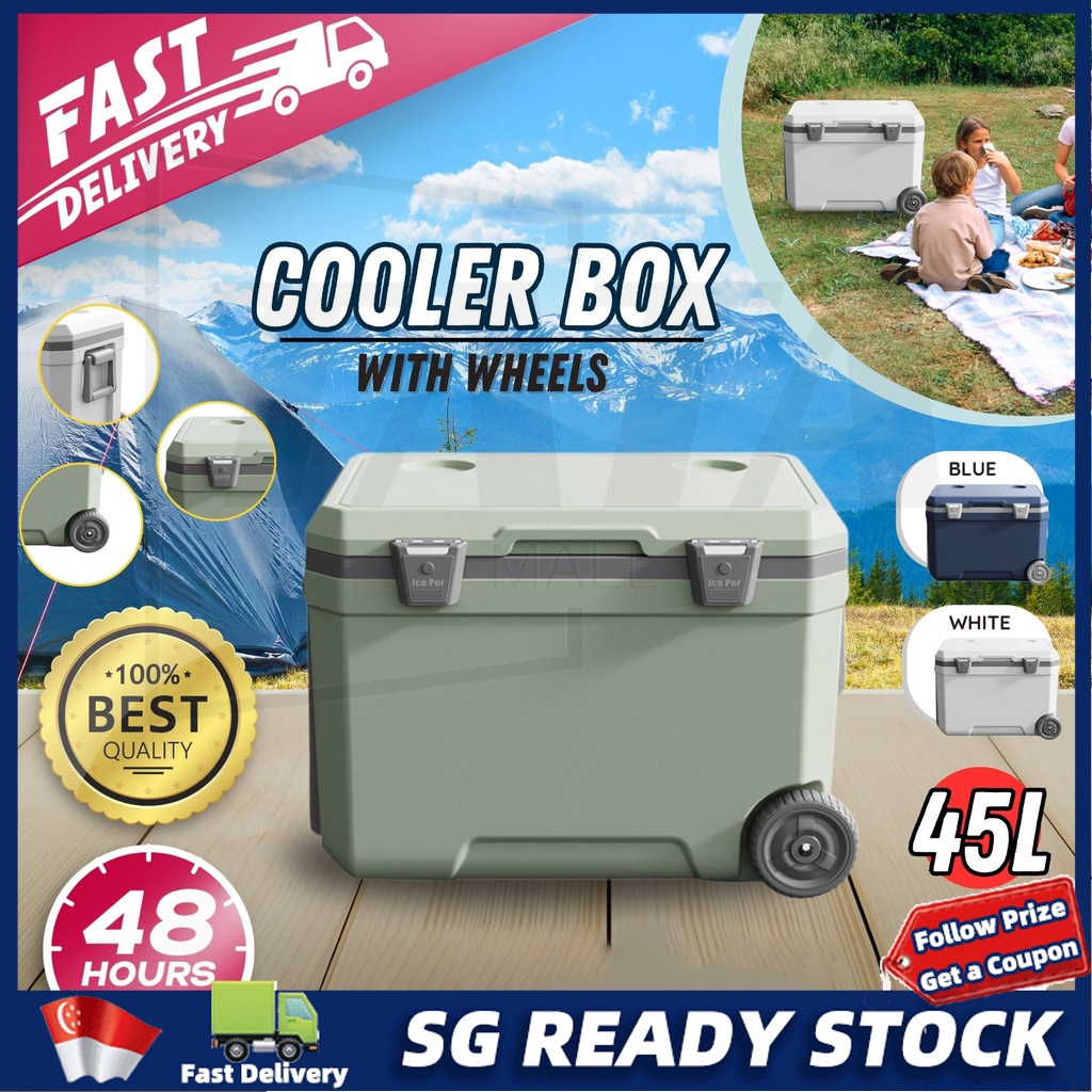 【sg stock】Portable 45L Cooler Box With Wheel Roller Ice Coolerbox Food Storage Outdoor Picnic ...