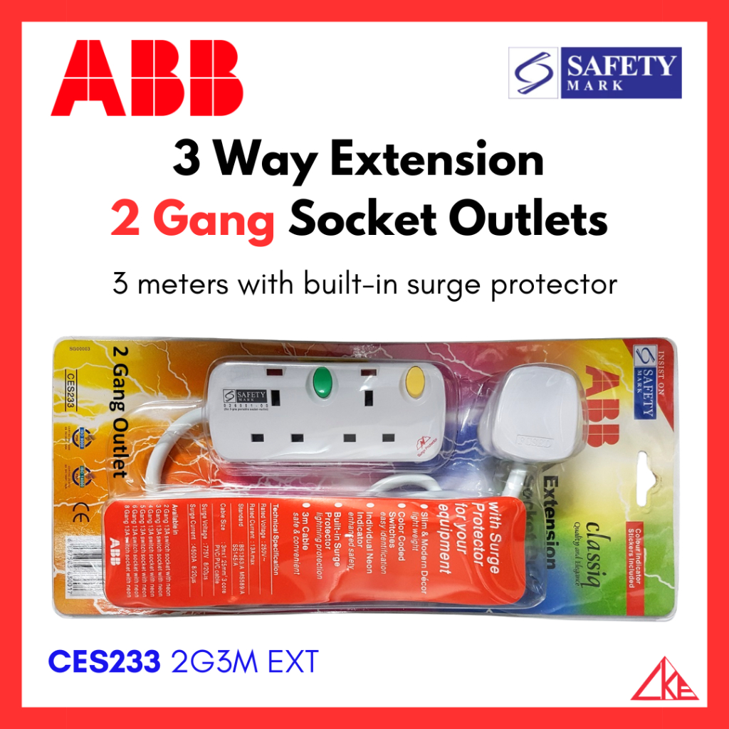 (SG Seller) ABB 3 Way 2Gang Extension Socket Outlets 3 meters with ...