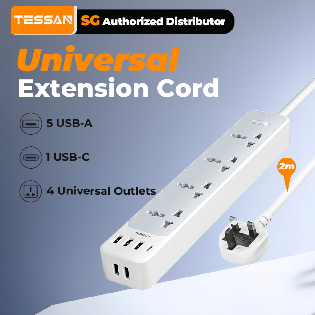 Tessan Universal Extension Cord Extension Socket With 4AC USB C 3.0A ...