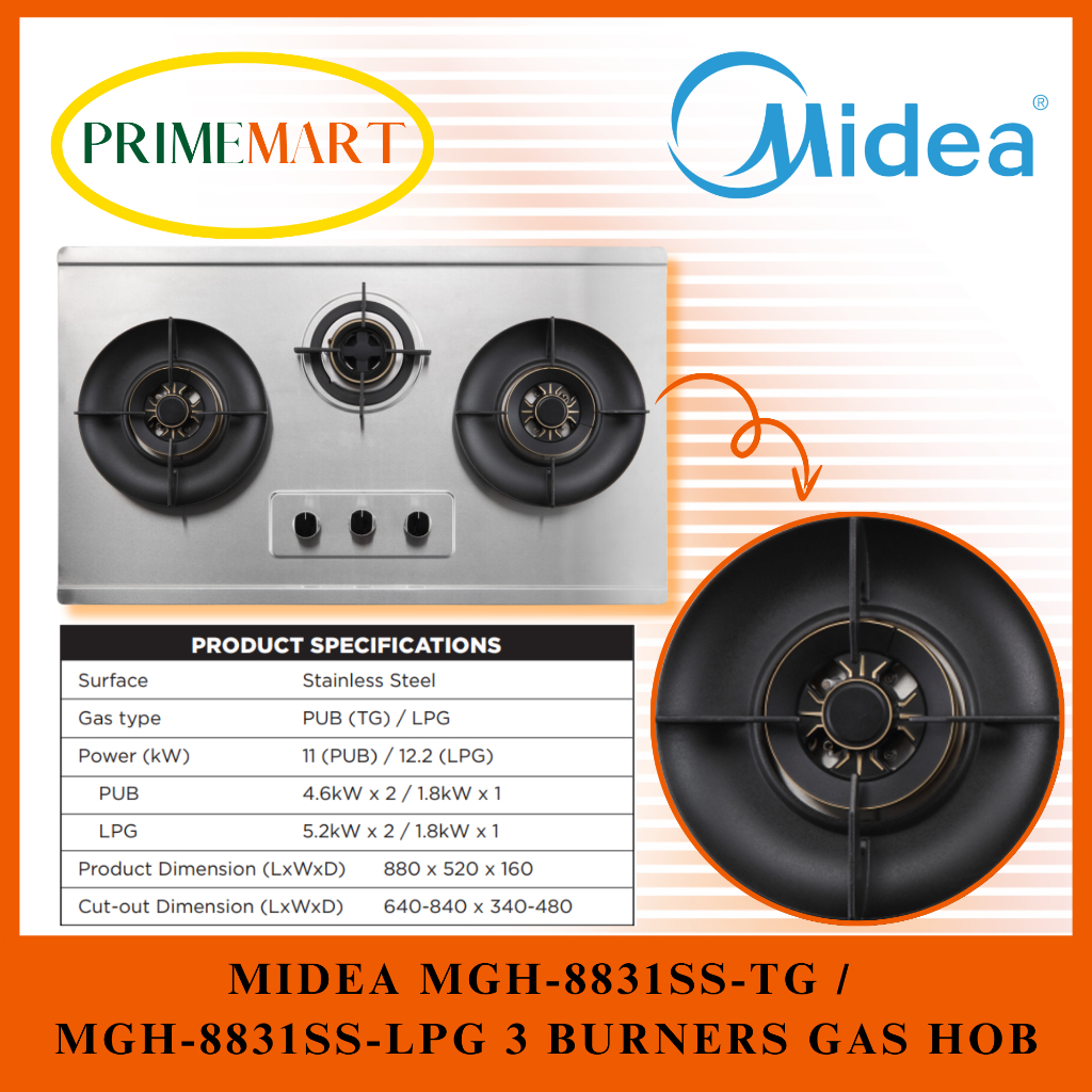 MIDEA MGH-8831SS STAINLESS STEEL 3 BURNERS GAS HOB + 2 YEAR WARRANTY ...