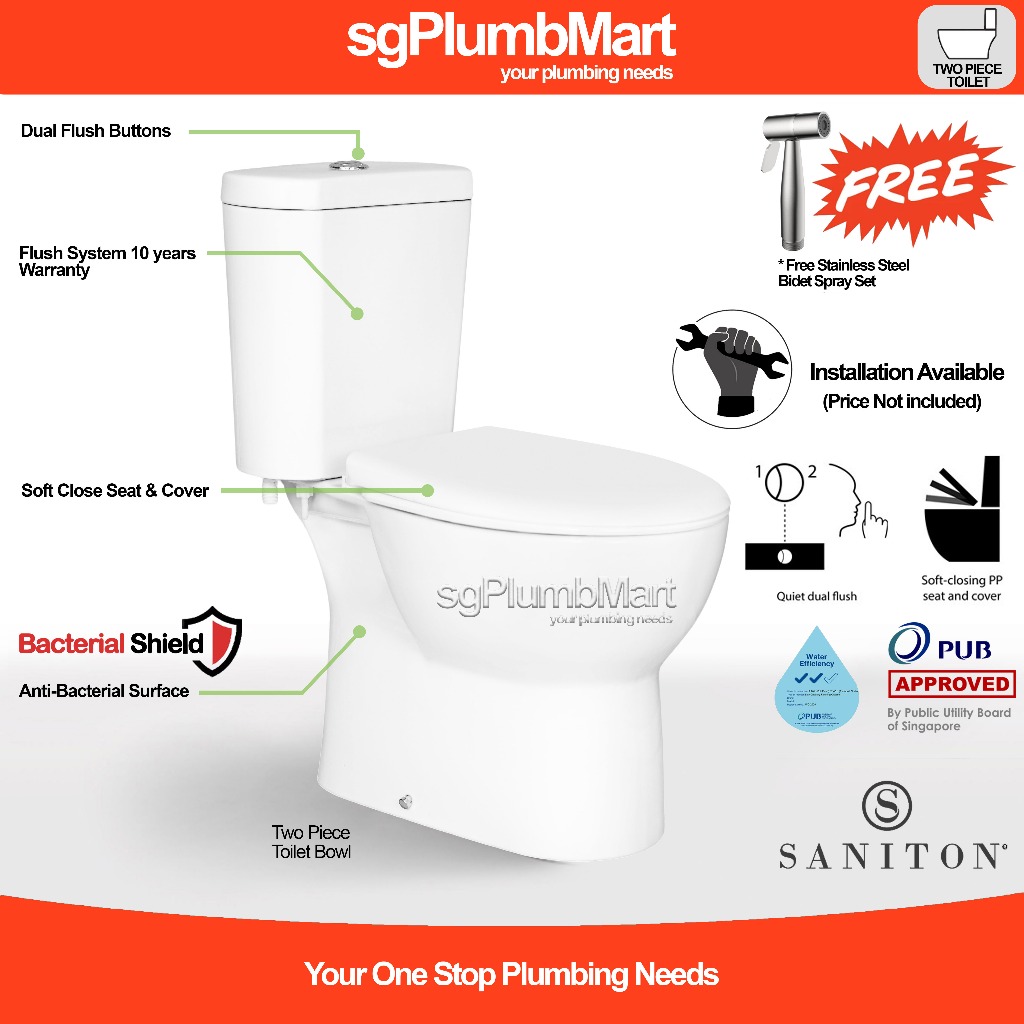 Saniton x sgPlumbMart 2-Piece Toilet Bowl Two Piece WC Water Closet S ...