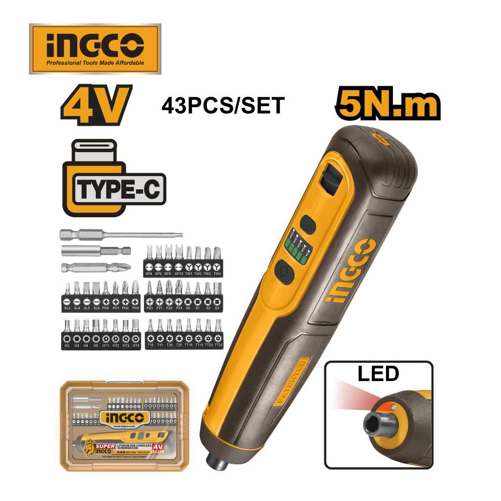 INGCO 43PCS 4V 5N.m Lithium-Ion Cordless Electric Screwdriver Portable ...