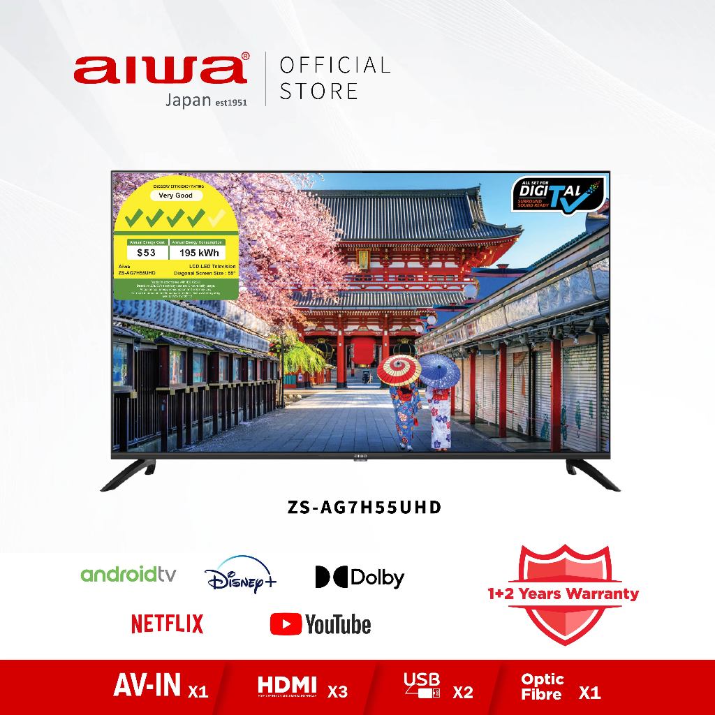 AIWA 55″ | Zs55 | 4K Android 11 Smart TV | Frameless TV | ZS-AG7H55UHD | Shopee Singapore