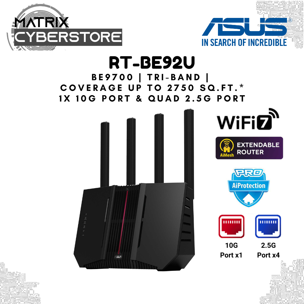 ASUS RT-BE92U BE9700 Tri-Band WiFi 7 AiMesh Router - Coverage up to 2750 sq ft*, 10G Port, Quad ...