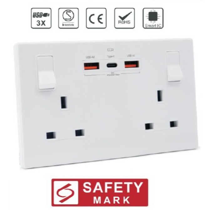 Minimal Design Double Socket USB-A USB-C 2x13A USB Singapore Safety ...