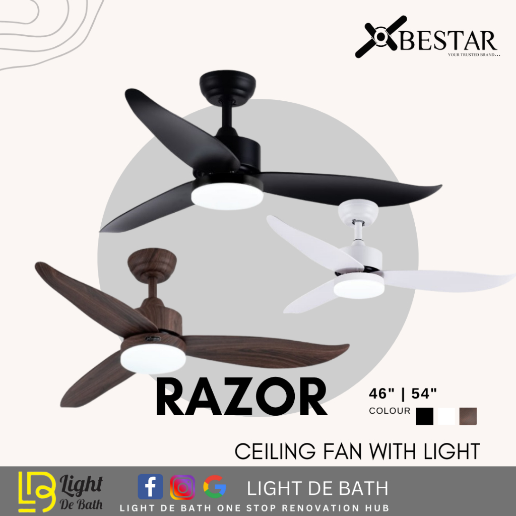 BESTAR RAZOR DC Motor 3 Blade Ceiling Fan with 3 Tone LED Light Kit and ...