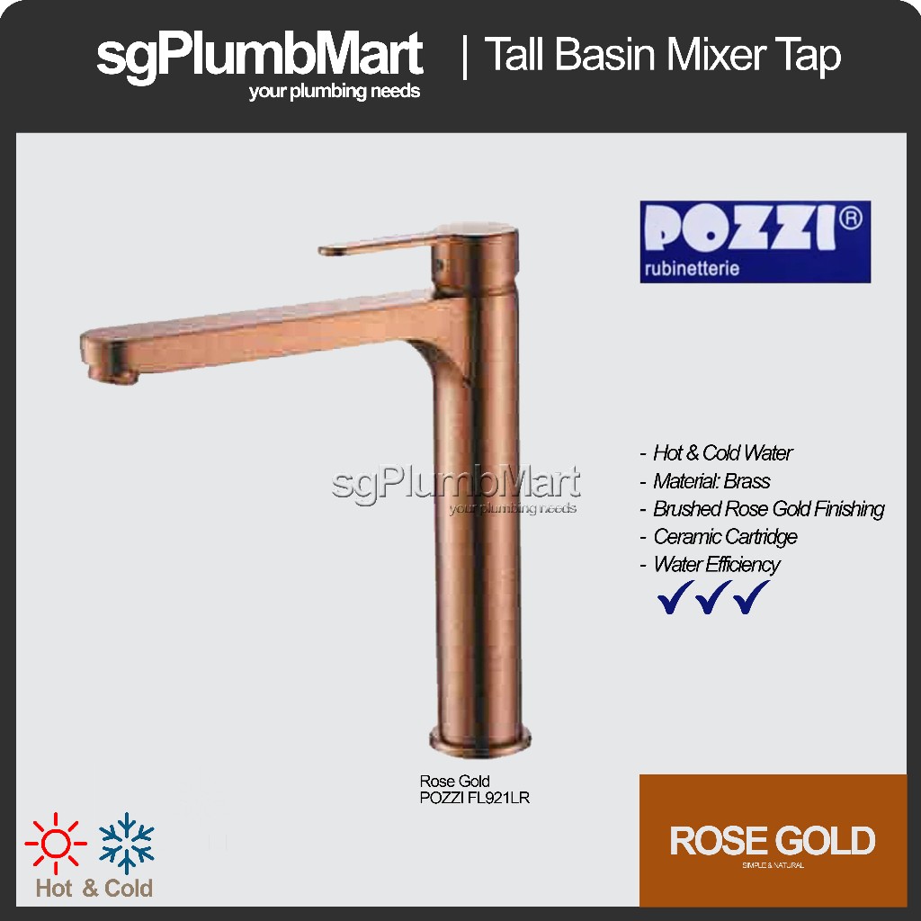 Pozzi x sgPlumbMart Brushed Rose Gold Tall Basin Tap FL921LR Hot/Cold ...