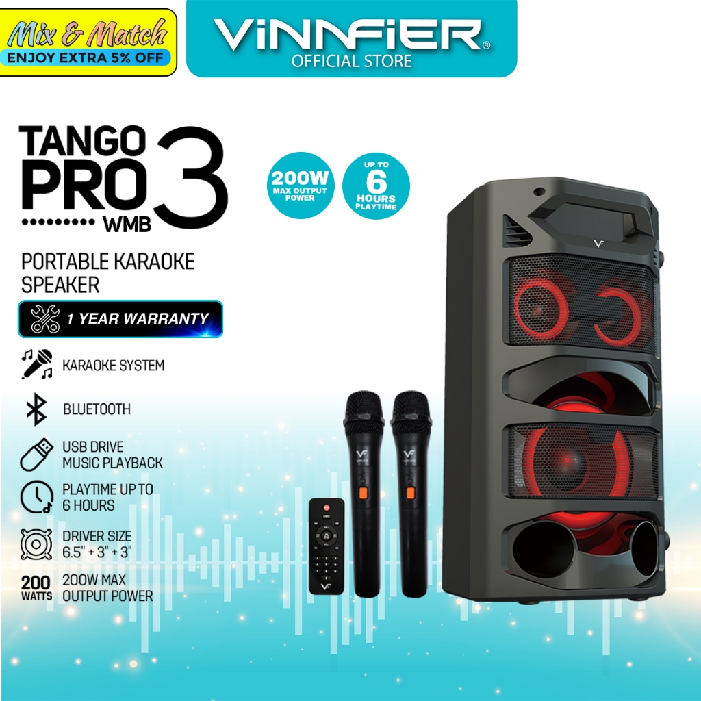Vinnfier VF Tango Pro 3 WMB with 2 Wireless Mic Portable Karaoke Bluetooth Speaker KTV Speake ...