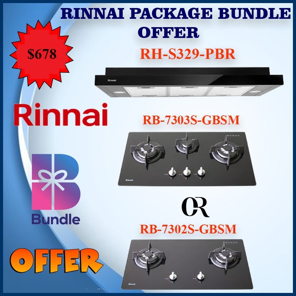 RINNAI RB-7303S-GBSM 3 Burner Built-In Hob RB-7302S-GBS HOB RH-S329-PBR-T HOOD PACKAGE DEAL ...