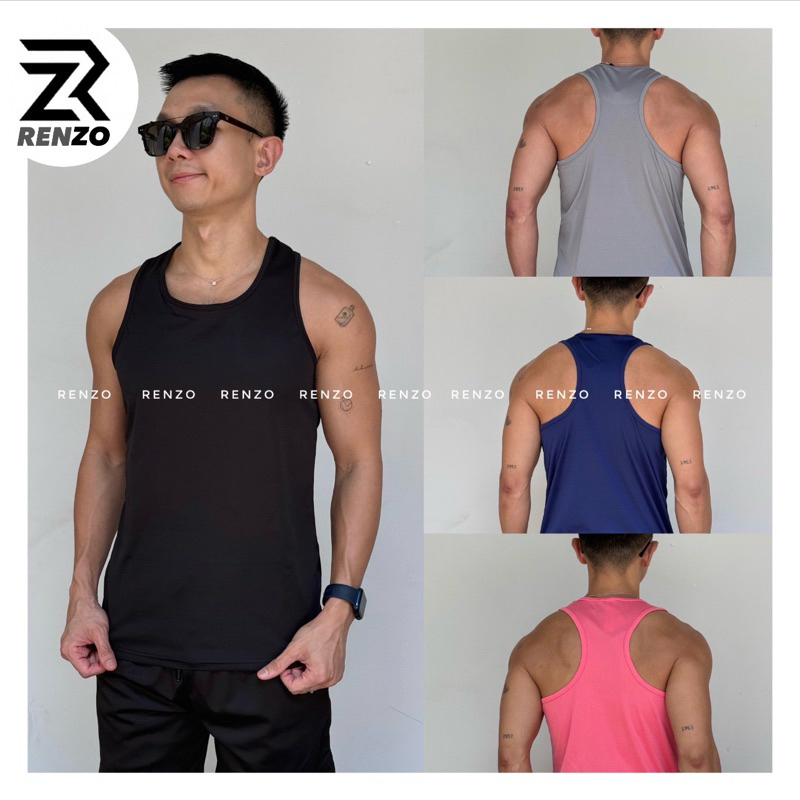 🇸🇬RENZO Singlet Slim Shape Back Plain Polyester Men Sport Wear ...