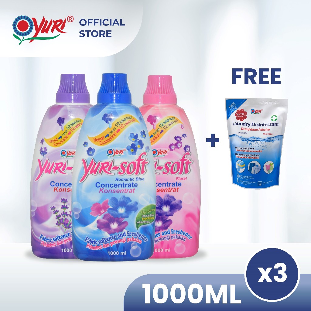 [Bundle of 3] Yuri-soft Concentrate Fabric Softener 1L x3 + Free Laundry Disinfectant 410ml ...