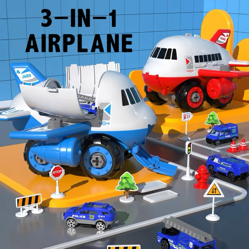 [SG] 3in1 airplane car parking lot sliding car track police car fire ...