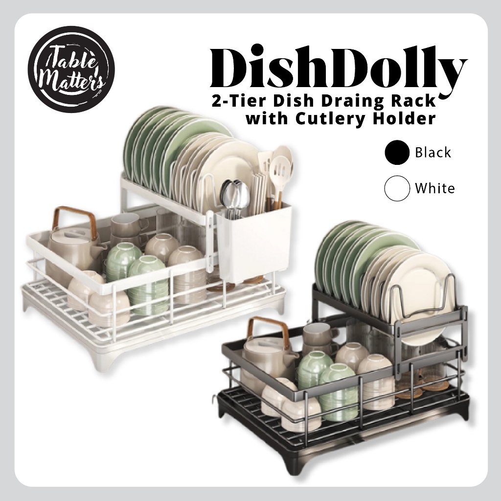 Table Matters -DishDolly 2-Tier Dish Draining Rack with Cutlery Holder ...