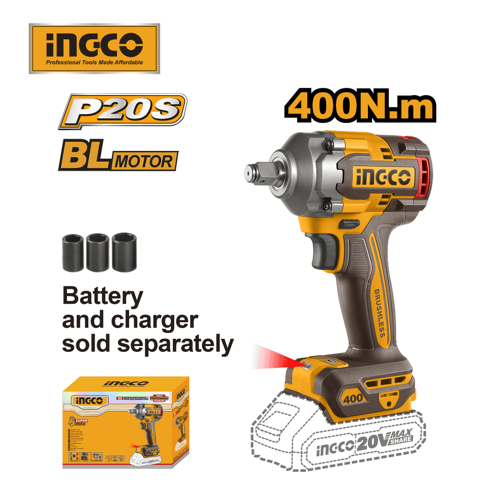 INGCO 20V Brushless Cordless Impact Wrench 400Nm with 3 Pcs Sockets ...