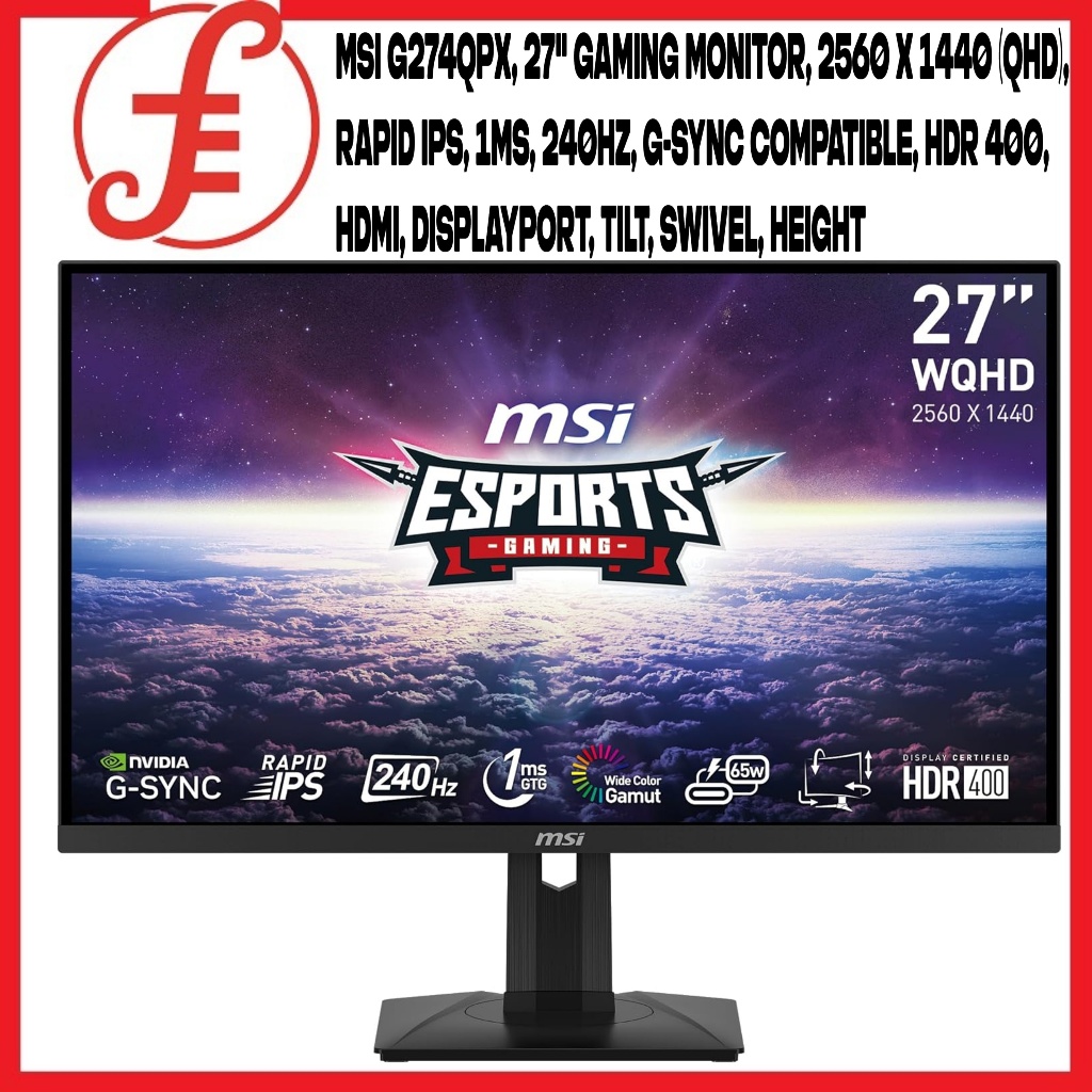 MSI G274QPX, 27" 2560 x 1440 (QHD), Rapid IPS, 240Hz, G-Sync, HDR 400 ...