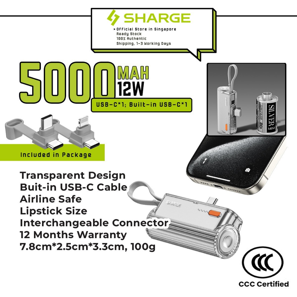 Shargeek/Sharge Flow Mini / Flow mini 2 5000mAh 22.5W Portable Charger w Built-in USB-C ...