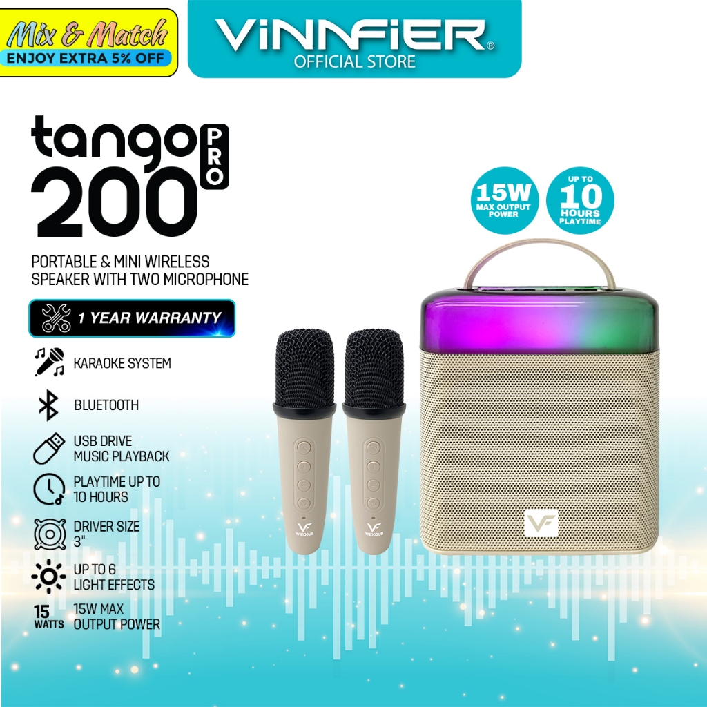Vinnfier TANGO 200 PRO Mini Karaoke Set Bluetooth Speaker with 2 Wireless Microphone | Shopee ...