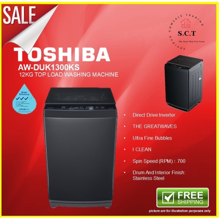 Toshiba AW-DUK1300KS - Direct Drive Inverter Top load 12 kg Washing ...