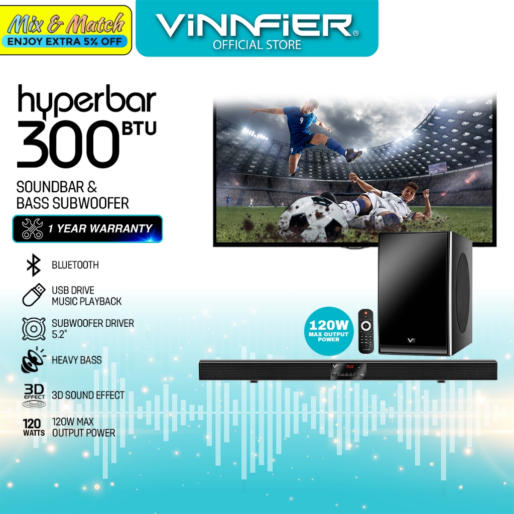VINNFIER HYPERBAR 300 BTU Soundbar with Subwoofer with 3D Effect ...