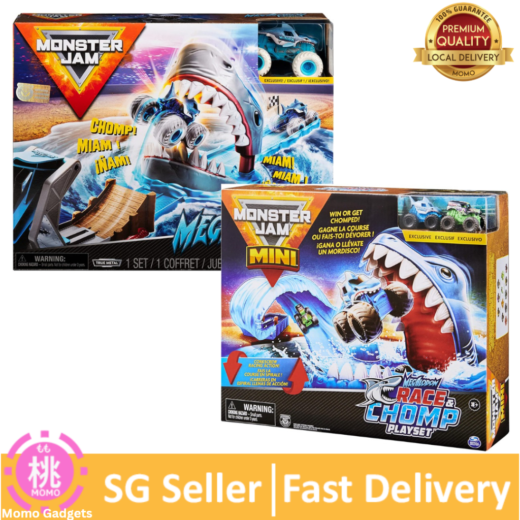 Monster Jam, Mini Megalodon Race and Chomp / Megalodon Mayhem Playset ...