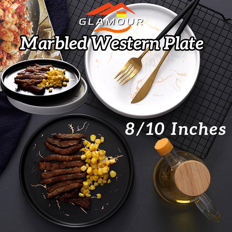 [SG] 10/8 Inch Marbled Western Plate Serving Big Dinner Plate Ceramic ...