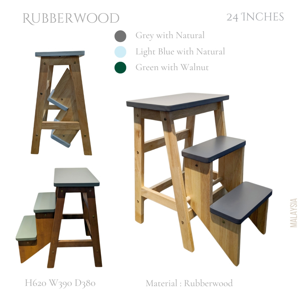 24 inch Rubberwood 3 Step Foldable Ladder Stool, Kerusi Tangga Kayu ...