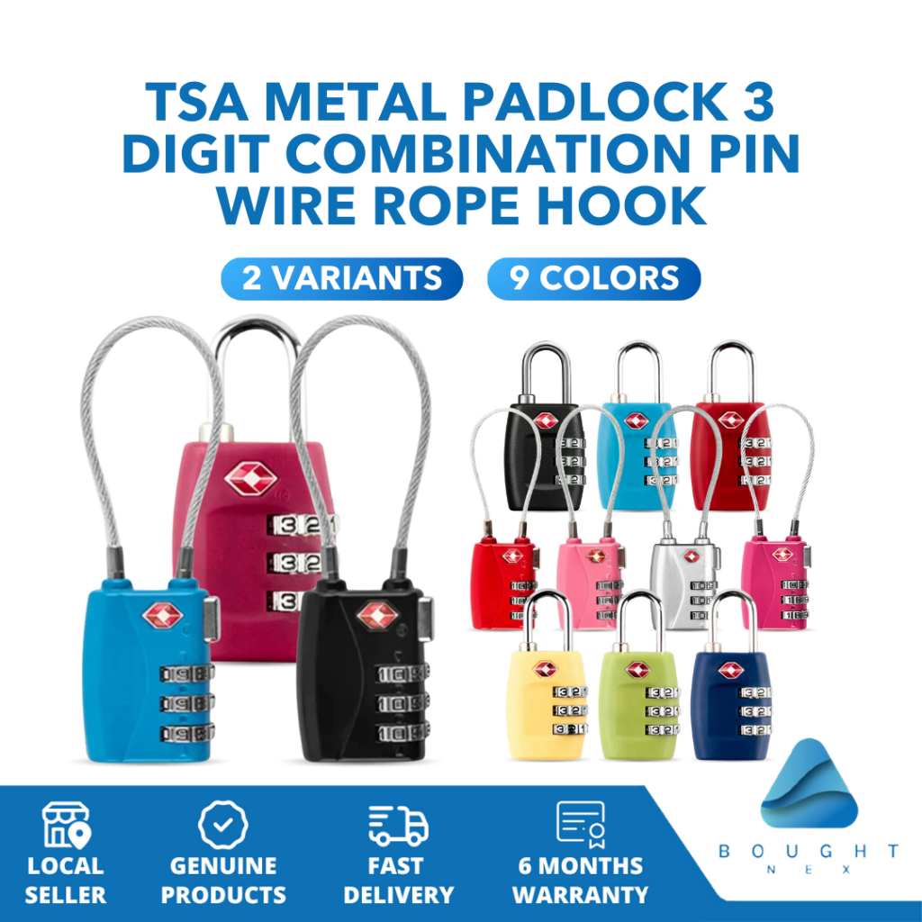 TSA Metal Padlock 3 Digit Combination PIN Wire Rope Hook, Anti-theft ...