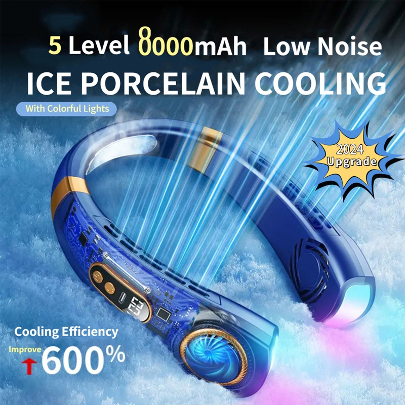 360° Neck Fan Portable Leafless Cooling 5 Speeds Strong Wind 8000mAh ...
