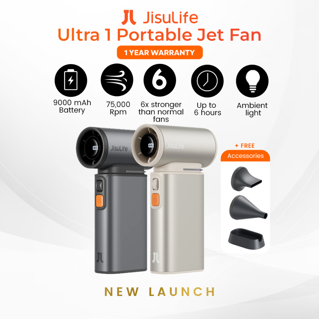 JISULIFE 3 in 1 Portable Jet Fan Ultra 1 9000mAh 1-100 Speed Levels LED ...