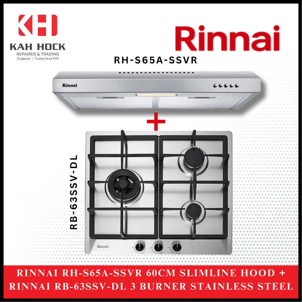 RINNAI RH-S65A-SSVR 60CM SLIMLINE HOOD + RB-63SSV-DL 3 BURNER SS + 1 ...