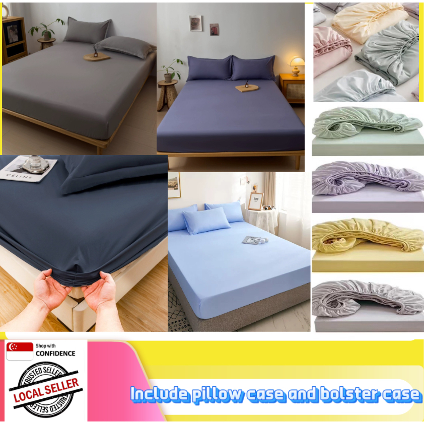 Plain Fitted Bedsheet Set with Pillow case and Bolster case 890TC ...