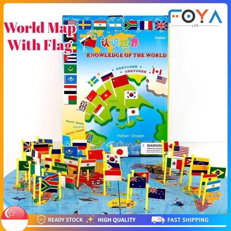 READY STOCK XL Size Wooden World Map with Countries Flags [Geography ...