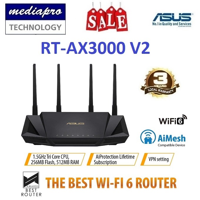 ASUS RT-AX3000 V2 Dual Band WiFi 6 Extendable Router , Built-in VPN ...