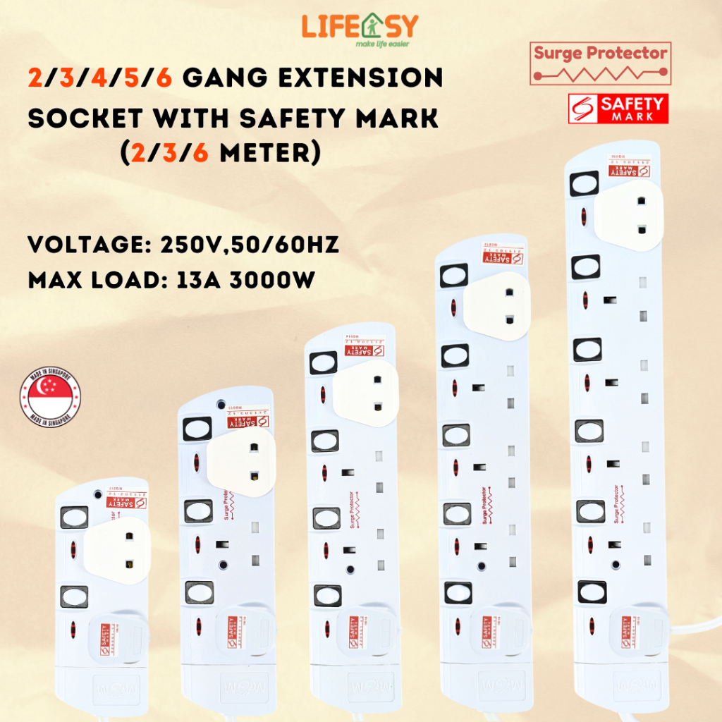 [Free Safety Plug Key] 2/3/4/5/6 Gang Extension Socket with Singapore ...