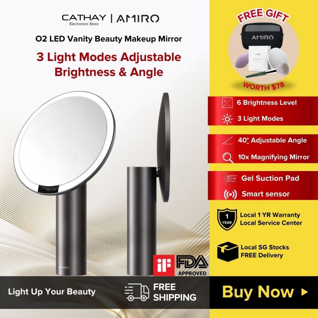 [SG Ready Stock] AMIRO O2 LED Vanity Beauty Mirror (Black) | Gel Suction Pad, 3 Light Modes ...
