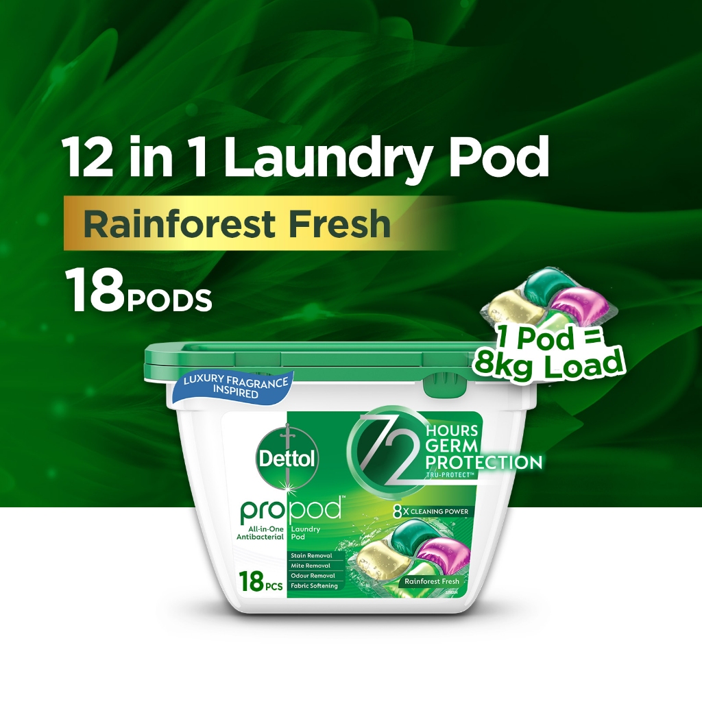 Dettol All in One Laundry Capsule 18 Laundry Pod Rainforest Fresh ...
