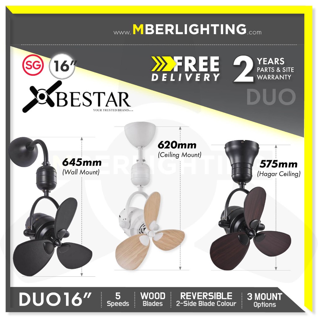 BESTAR 16" Duo (Ceiling/Wall/Hagar) Corner Fan With 5Speeds Remote, 110 ...
