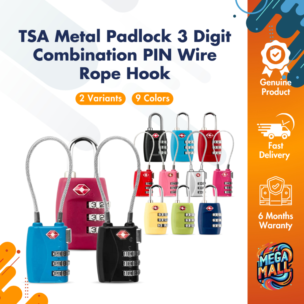 TSA Metal Padlock PIN 3 Digit Combination, Wire Rope, Hook Secure Anti ...