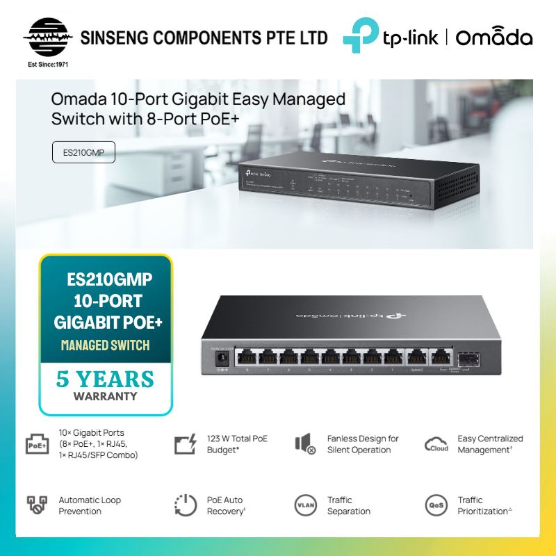 TP-LINK ES210GMP Omada 10-port Gigabit PoE+ Easy Managed Switch with 8 ...