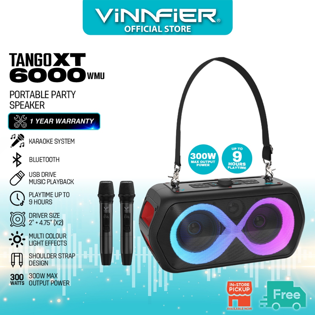 Vinnfier Tango XT6000 Portable Karaoke Bluetooth Speaker 300W, 2 UHF ...