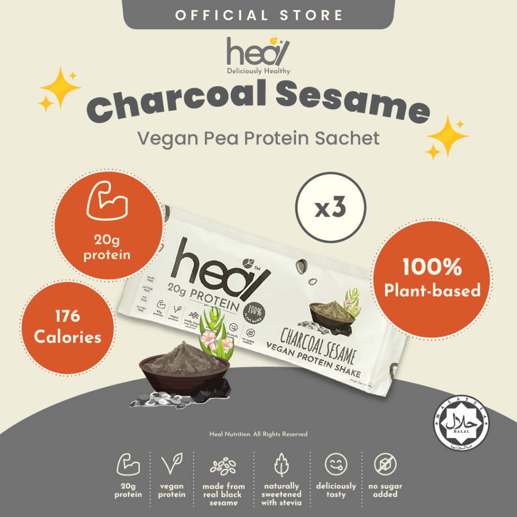 Heal Charcoal Sesame Protein Shake Powder Bundle of 3 Sachets - Vegan ...