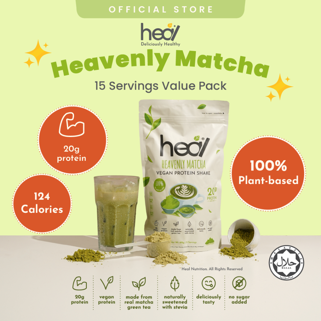 Heal Heavenly Matcha Protein Shake Powder - Vegan Protein (495g - 15 ...