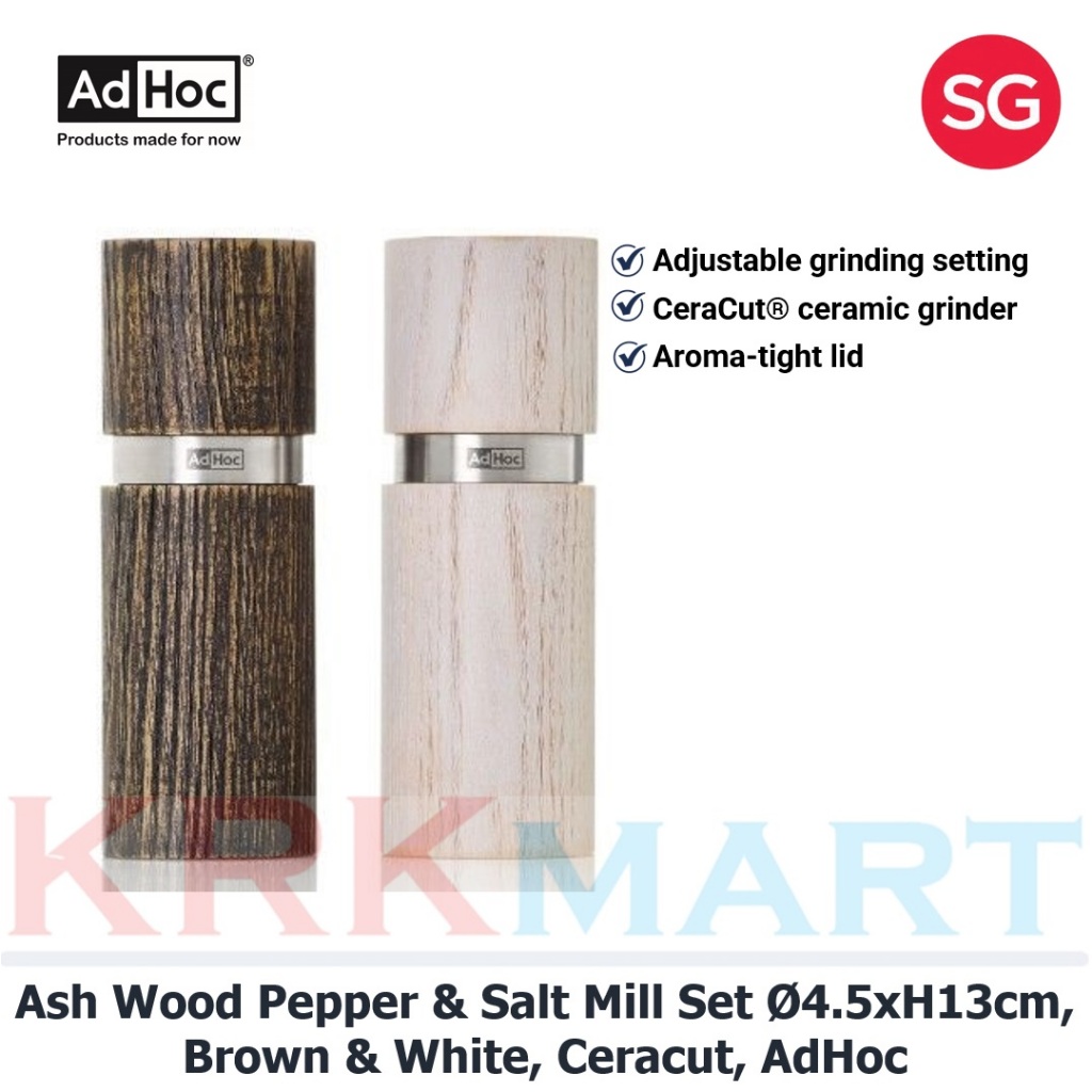 AdHoc Ceracut Ash Wood Pepper & Salt Mill Set Ø4.5xH13cm, Brown & White ...