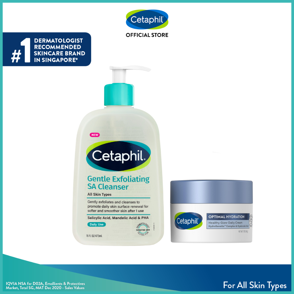CETAPHIL Gentle Exfoliating SA Cleanser 473ml + Optimal Hydration Healthy Glow Daily Cream 48g ...