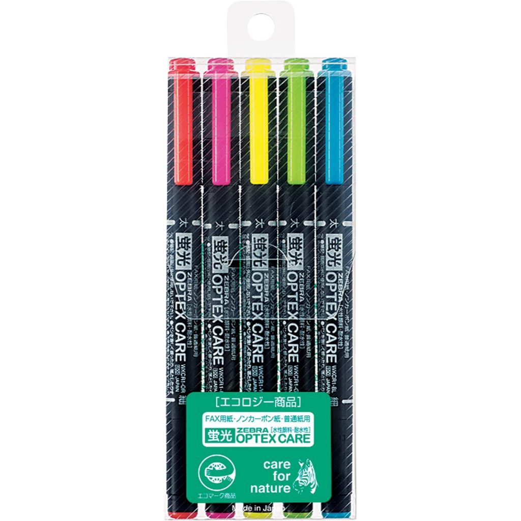 ZEBRA OPTEX CARE Twin Head Fluorescent Highlighter Marker 5 Colors Set (WKCR1-5C) Made in Japan ...