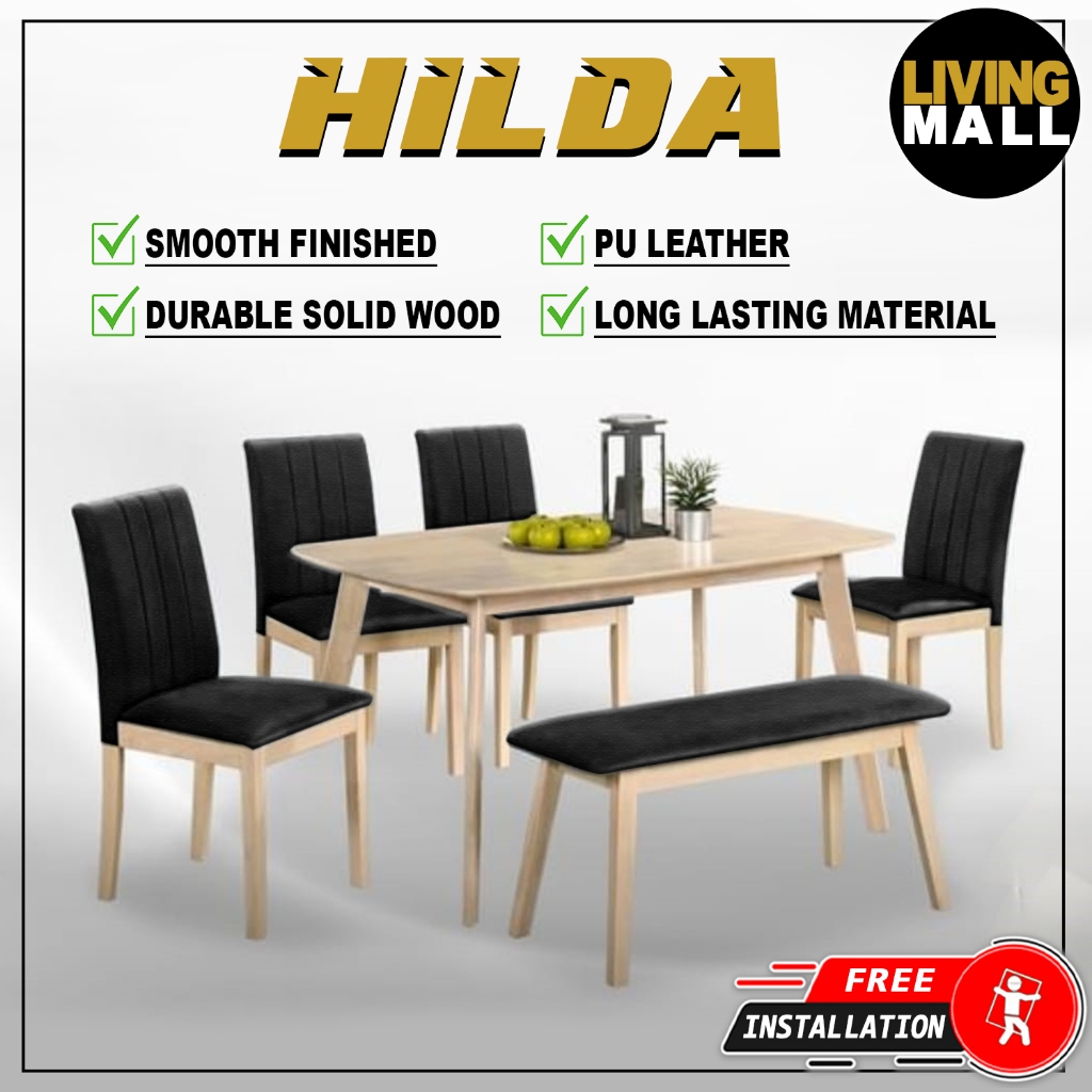 Living Mall Hilda Solid Wood Dining Set Table with PU Leather Chair and Bench in 2 Colours ...